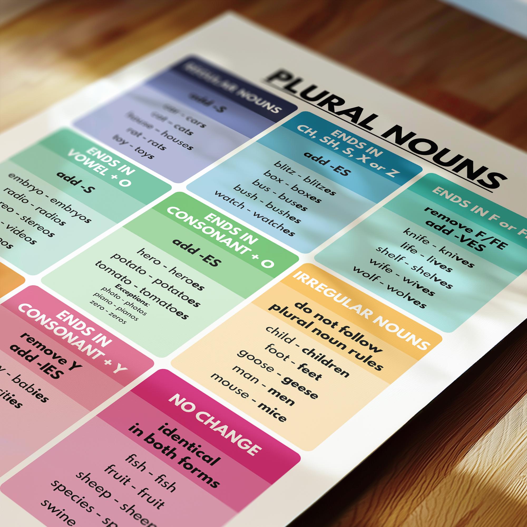 PLURAL NOUNS POSTER, Grammar Chart for Homeschool, Classroom Wall Decor ...