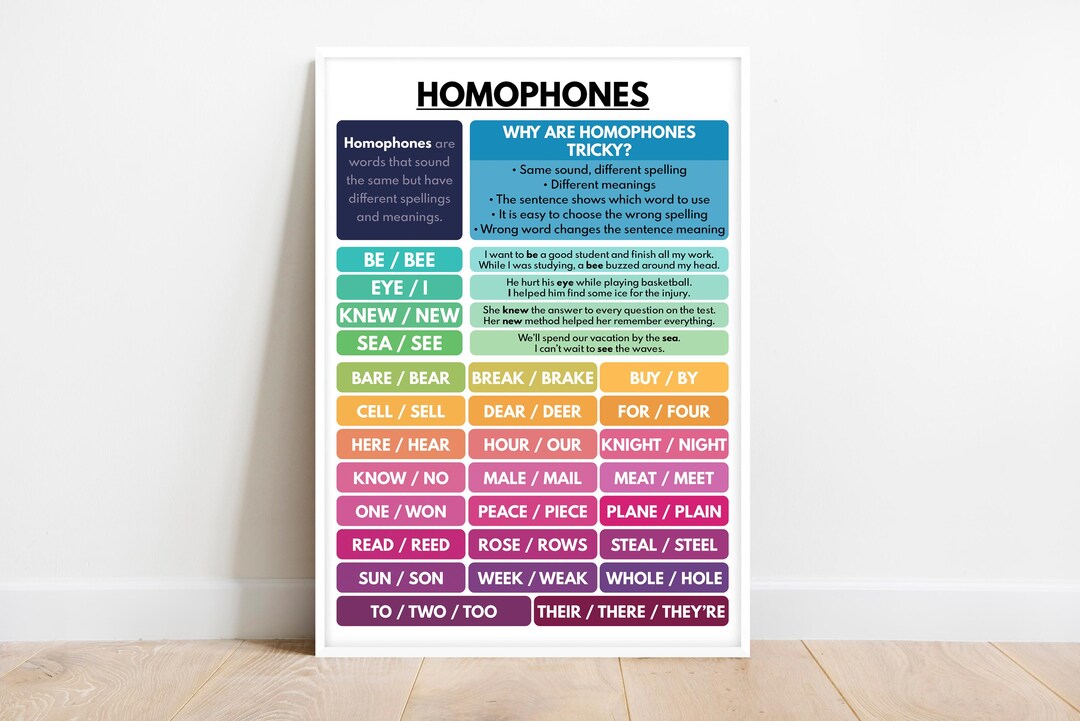 HOMOPHONES POSTER, English Language, Grammar Chart, Correct Spelling ...