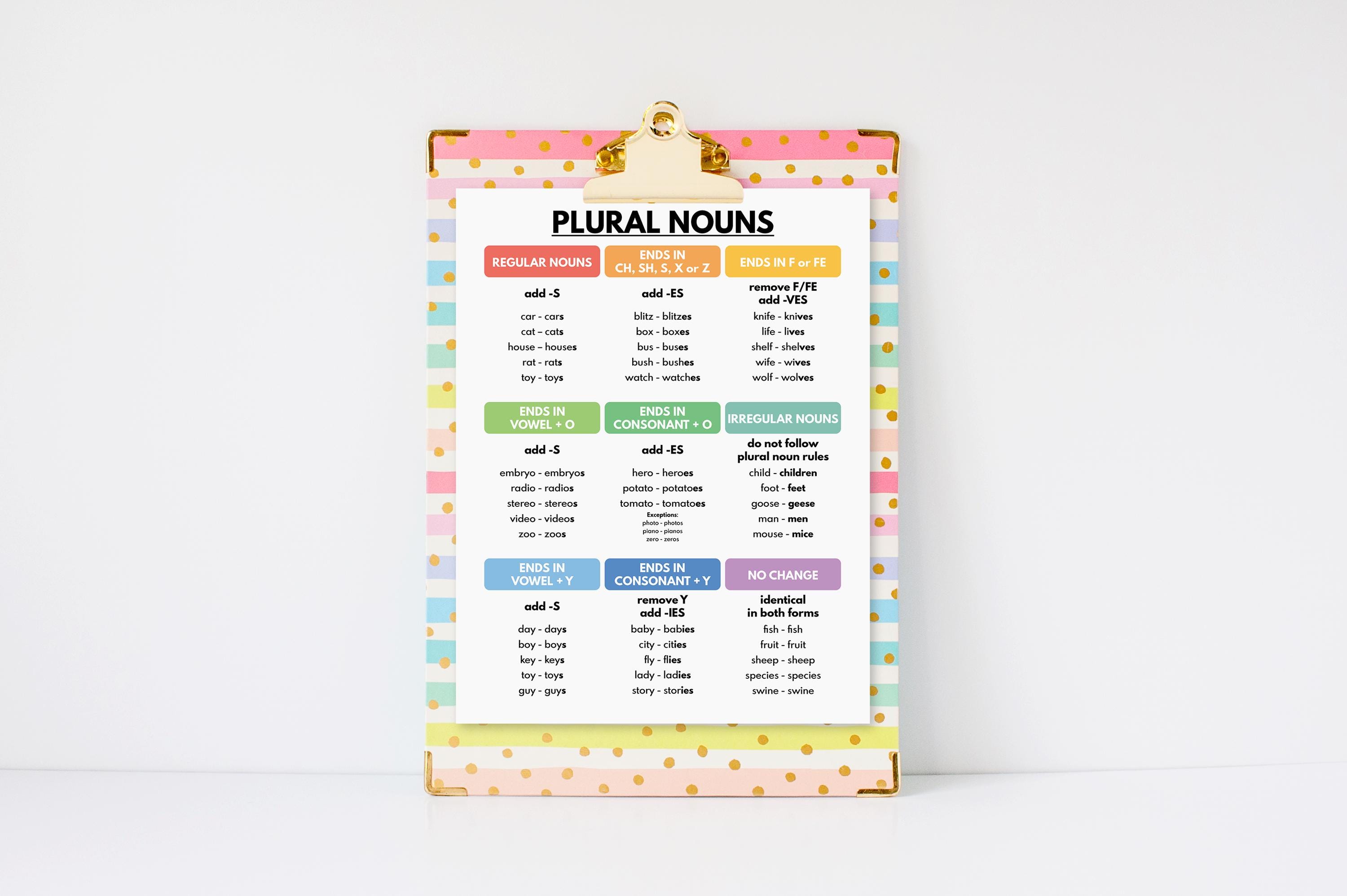 PLURAL NOUNS POSTER, Grammar Chart for Homeschool, Classroom Wall Decor ...