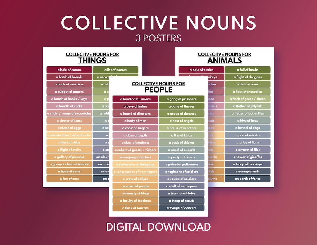 Comprehensive COLLECTIVE NOUNS POSTER, English Vocabulary, Classroom ...
