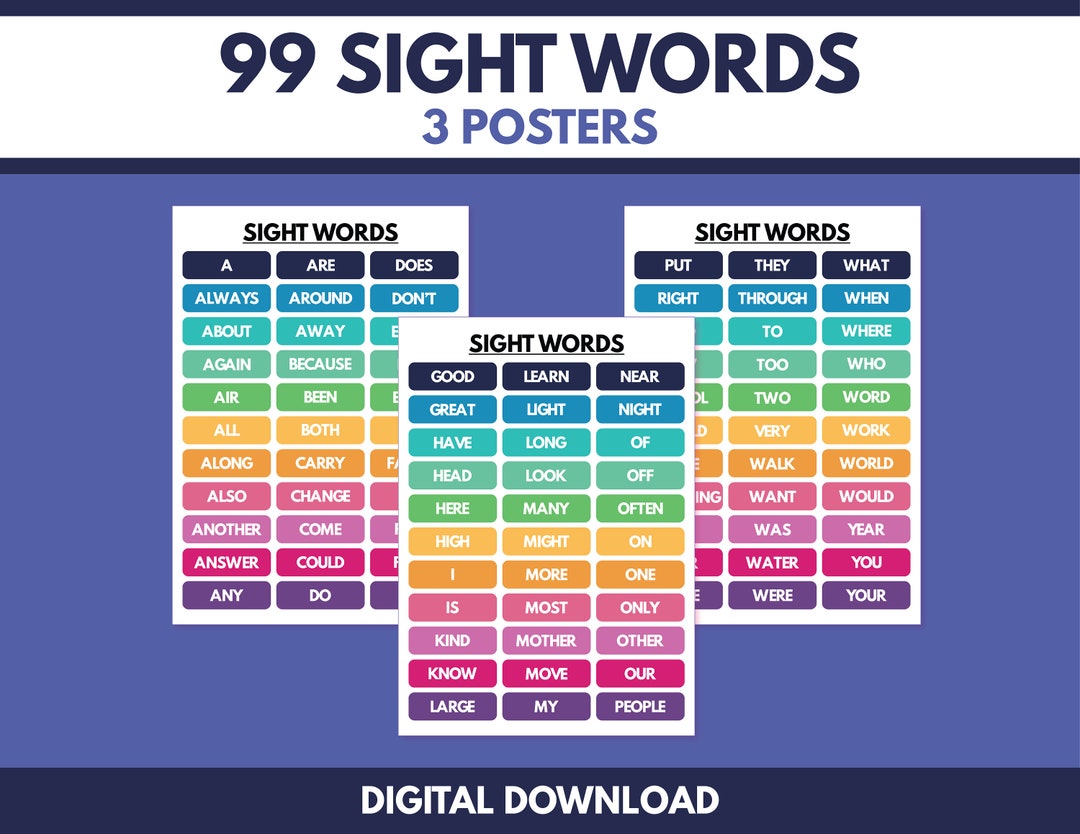 99 SIGHT WORDS POSTER, Lesen Lernen, Englisch lernen, Klassenzimmer ...