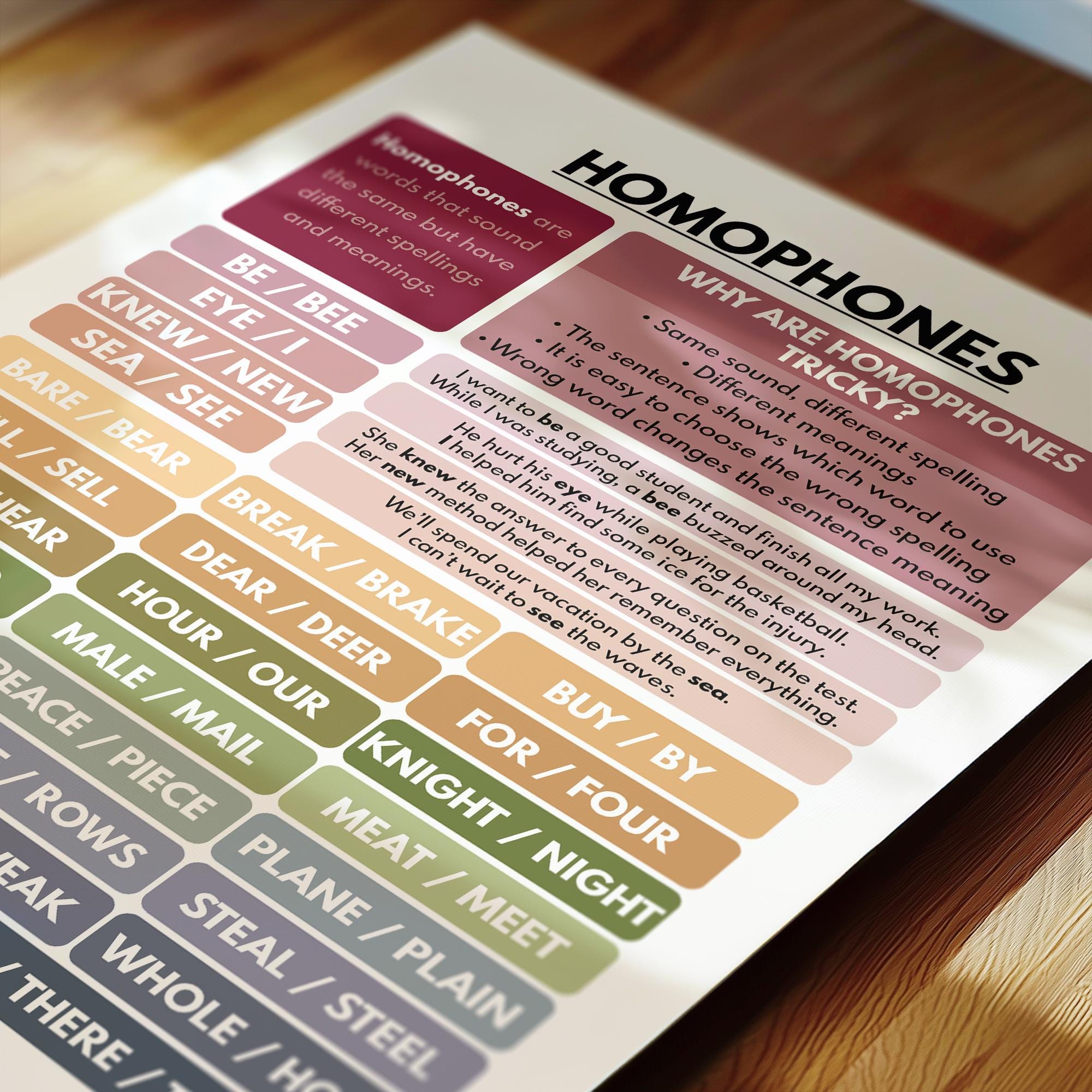 HOMOPHONES POSTER, English Language, Grammar Chart, Correct Spelling ...