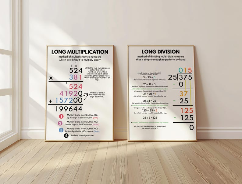 LONG MULTIPLICATION and DIVISION Posters, Educational Posters for Kids ...