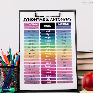 SYNONYMS & ANTONYMS POSTER, Vocabulary Chart, Homeschool, English ...