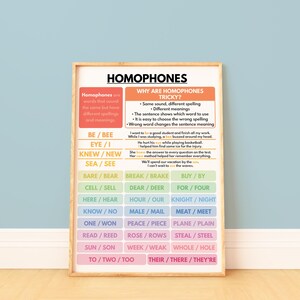 HOMOPHONES POSTER, English Language, Grammar Chart, Correct Spelling ...