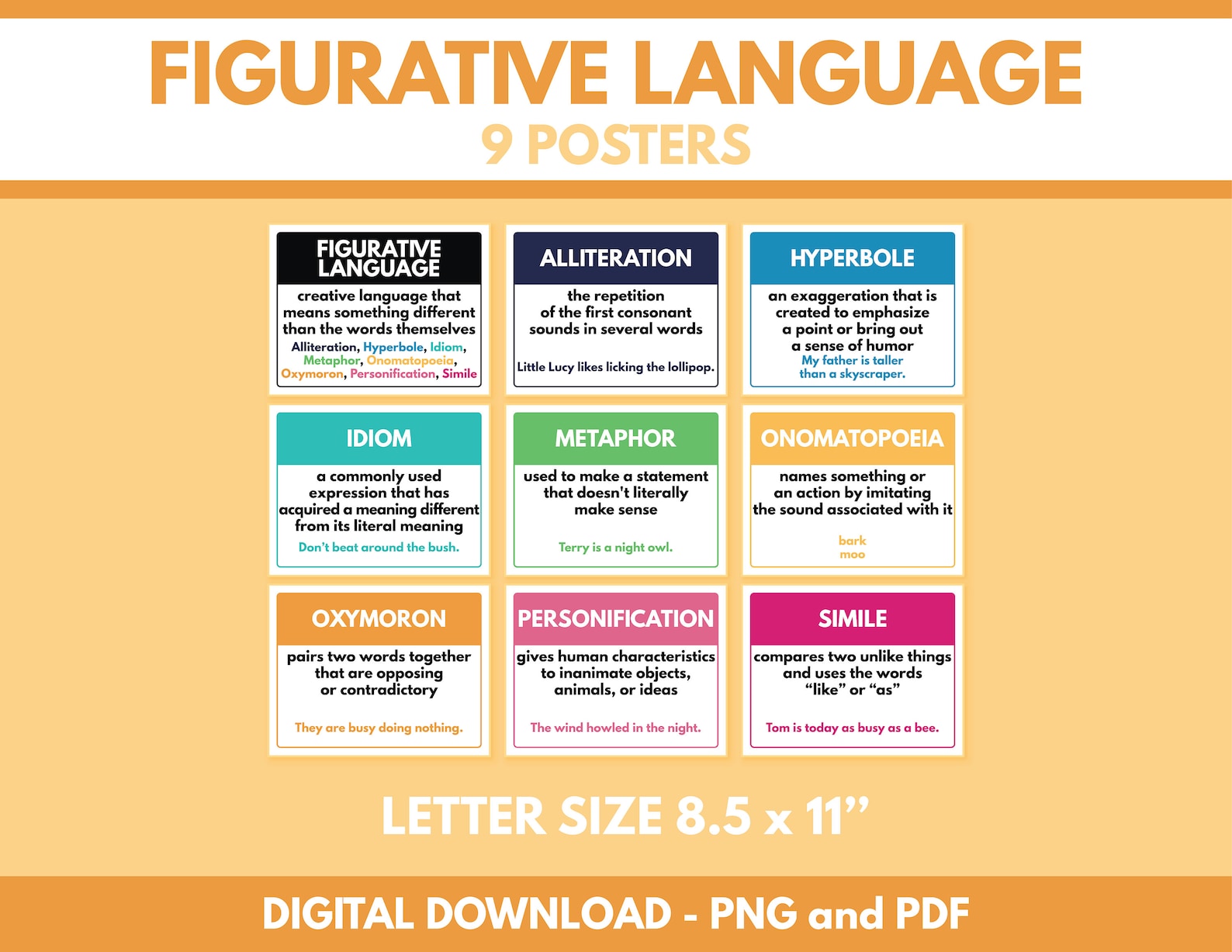 FIGURATIVE LANGUAGE Set of 9 Posters, English Classroom Art, Homeschool ...