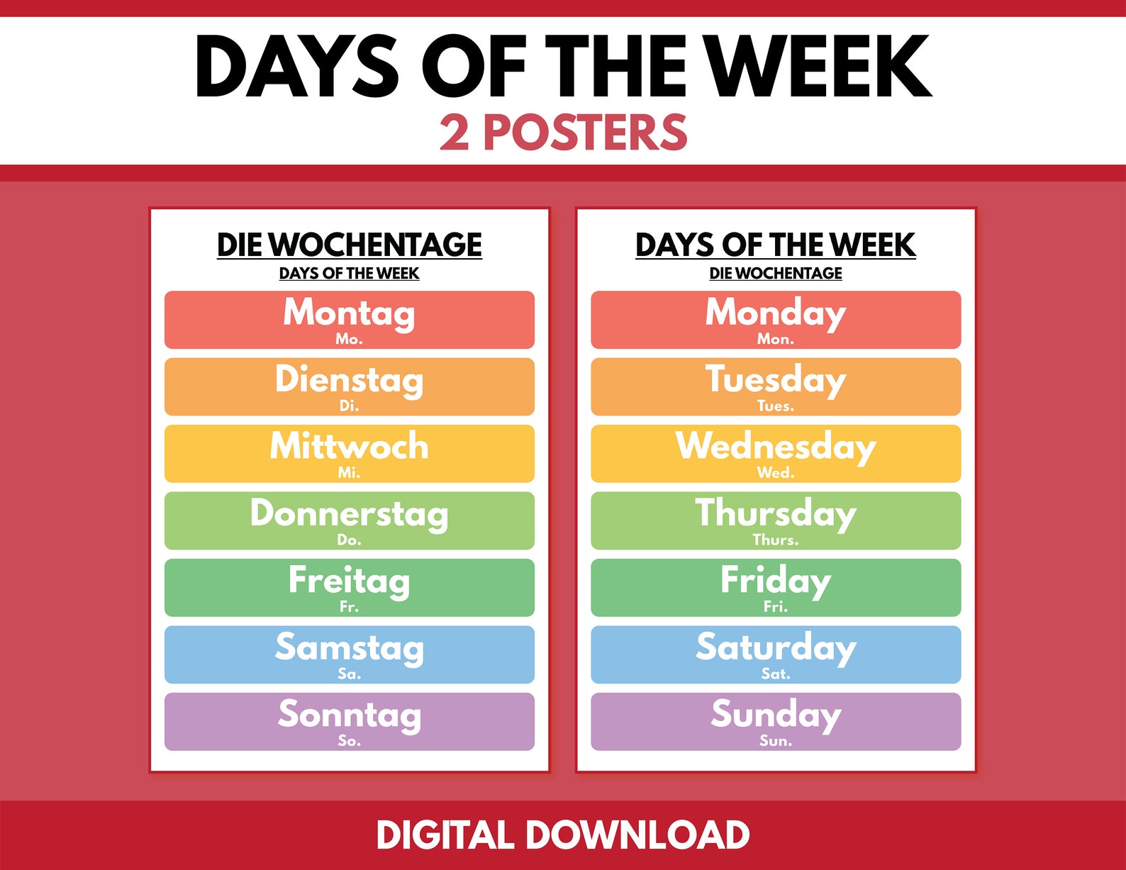 German Language, DAYS of THE WEEK in German, 2 Posters Set, German ...