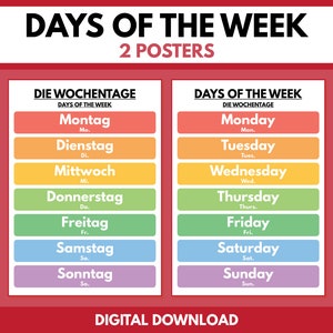 German Language, DAYS of THE WEEK in German, 2 Posters Set, German ...