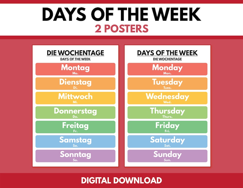 German Language, DAYS of THE WEEK in German, 2 Posters Set, German ...
