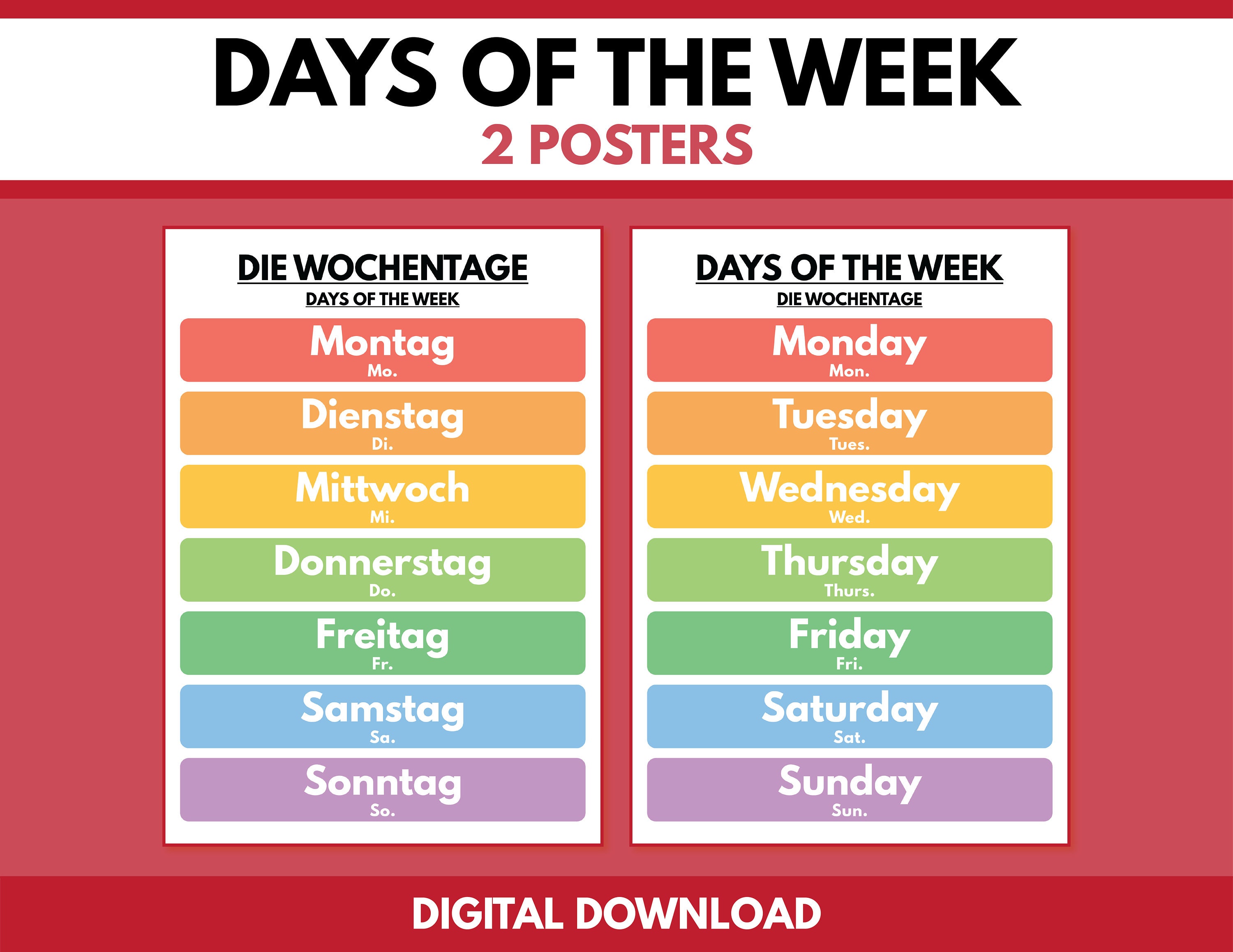 German Language DAYS Of THE WEEK In German 2 Posters Set German