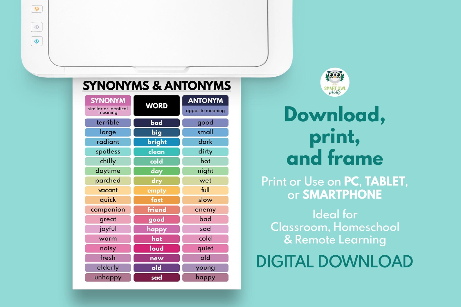 SYNONYMS & ANTONYMS POSTER, Vocabulary Chart, Homeschool, English ...