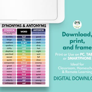 SYNONYMS & ANTONYMS POSTER, Vocabulary Chart, Homeschool, English ...