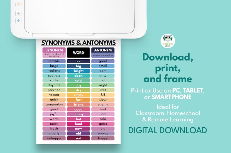 SYNONYMS & ANTONYMS POSTER, Vocabulary Chart, Homeschool, English ...