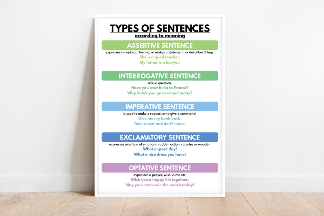 Types of Sentences Chart, English Grammar Poster, Educational Print ...
