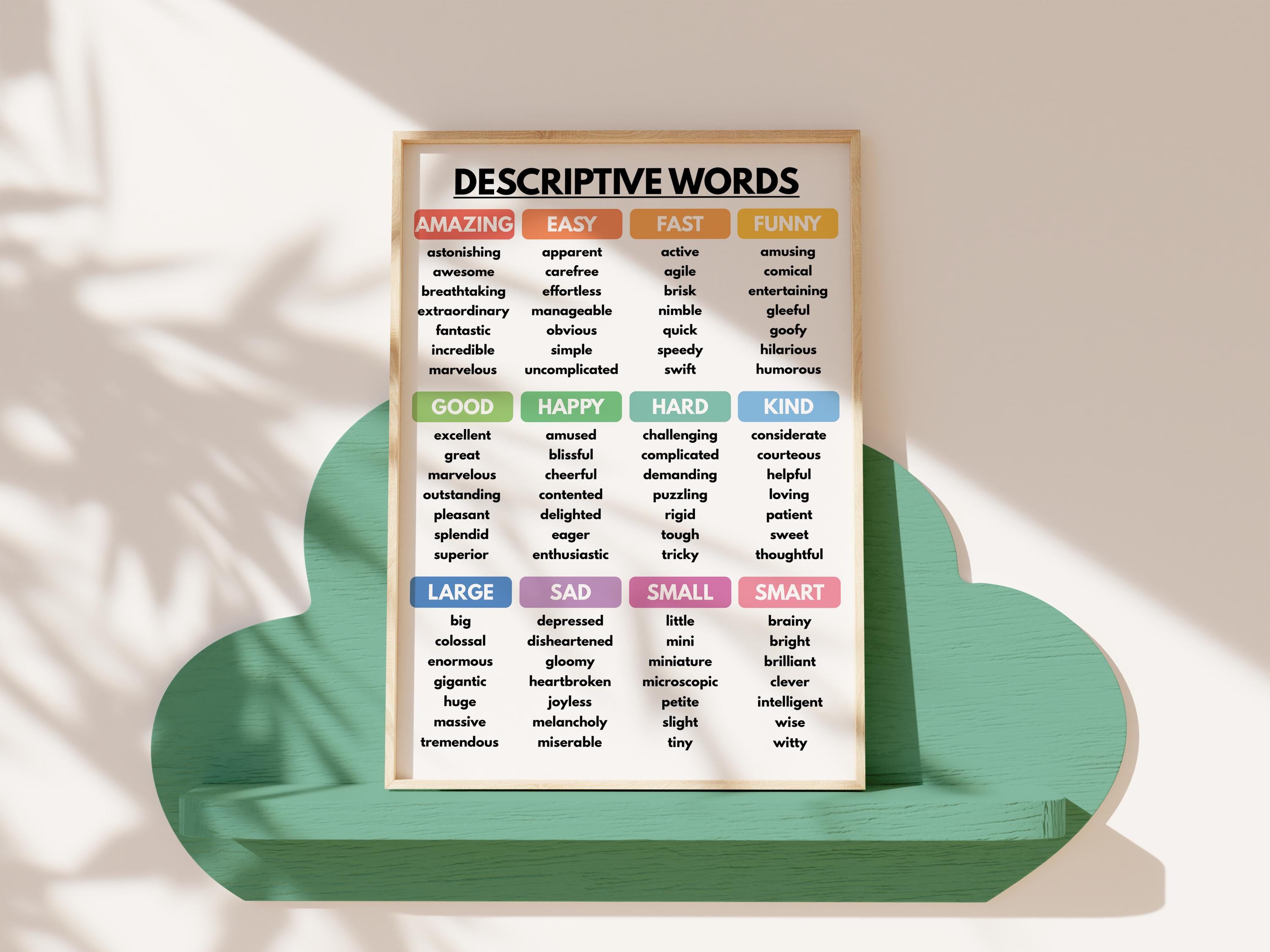 DESCRIPTIVE WORDS POSTER, Grammar Chart for Homeschool, English ...
