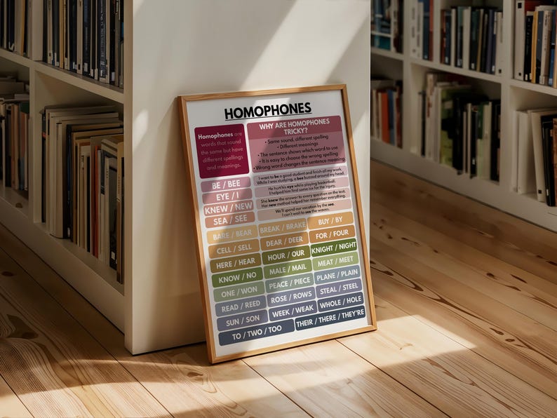 HOMOPHONES POSTER, English Language, Grammar Chart, Correct Spelling ...