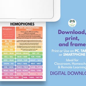 HOMOPHONES POSTER, English Language, Grammar Chart, Correct Spelling ...