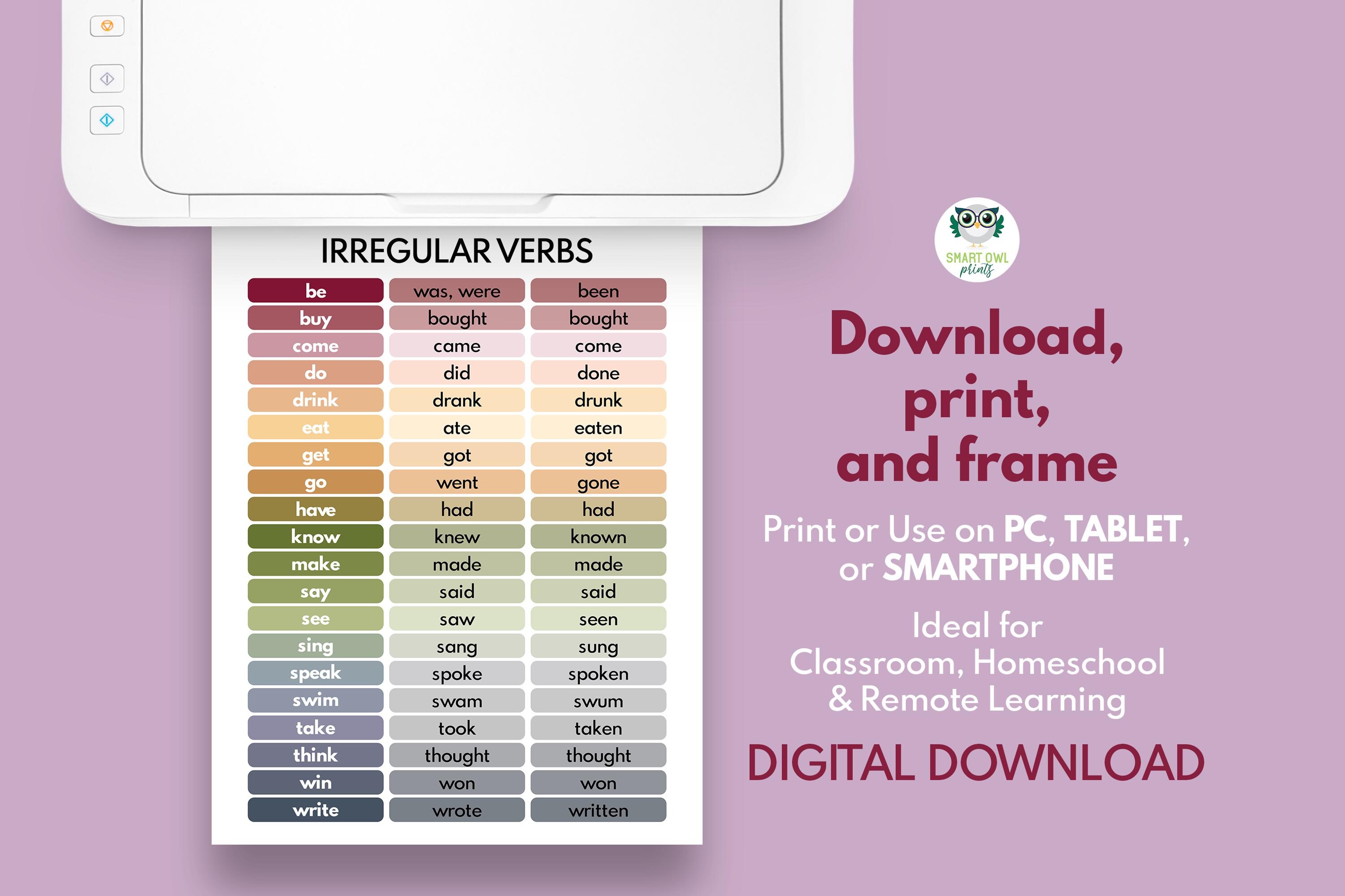 IRREGULAR VERBS, Parts of Speech, Grammar Visual Aids, Homeschool ...