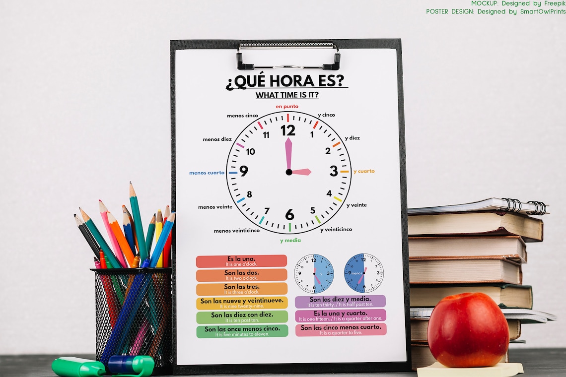 TELLING TIME poster Spanish language educational poster | Etsy