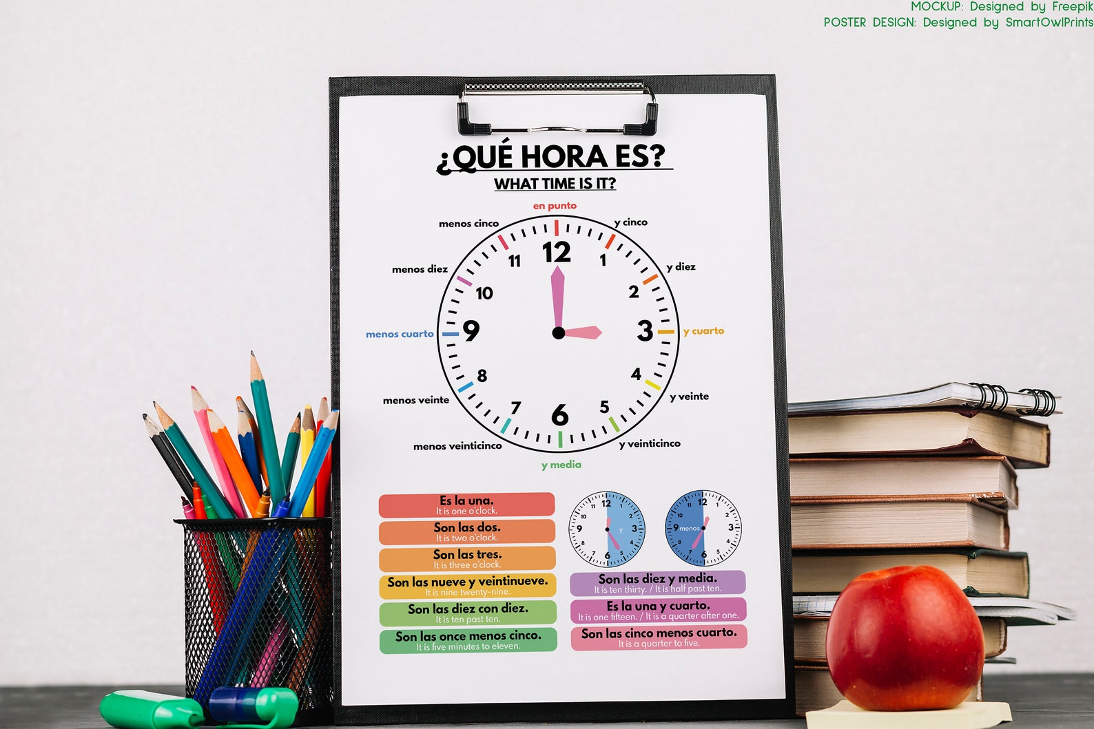 TELLING TIME poster Spanish language educational poster | Etsy