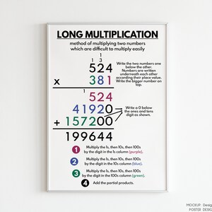 LONG MULTIPLICATION Poster, Educational Poster for Kids, Rainbow Colors ...