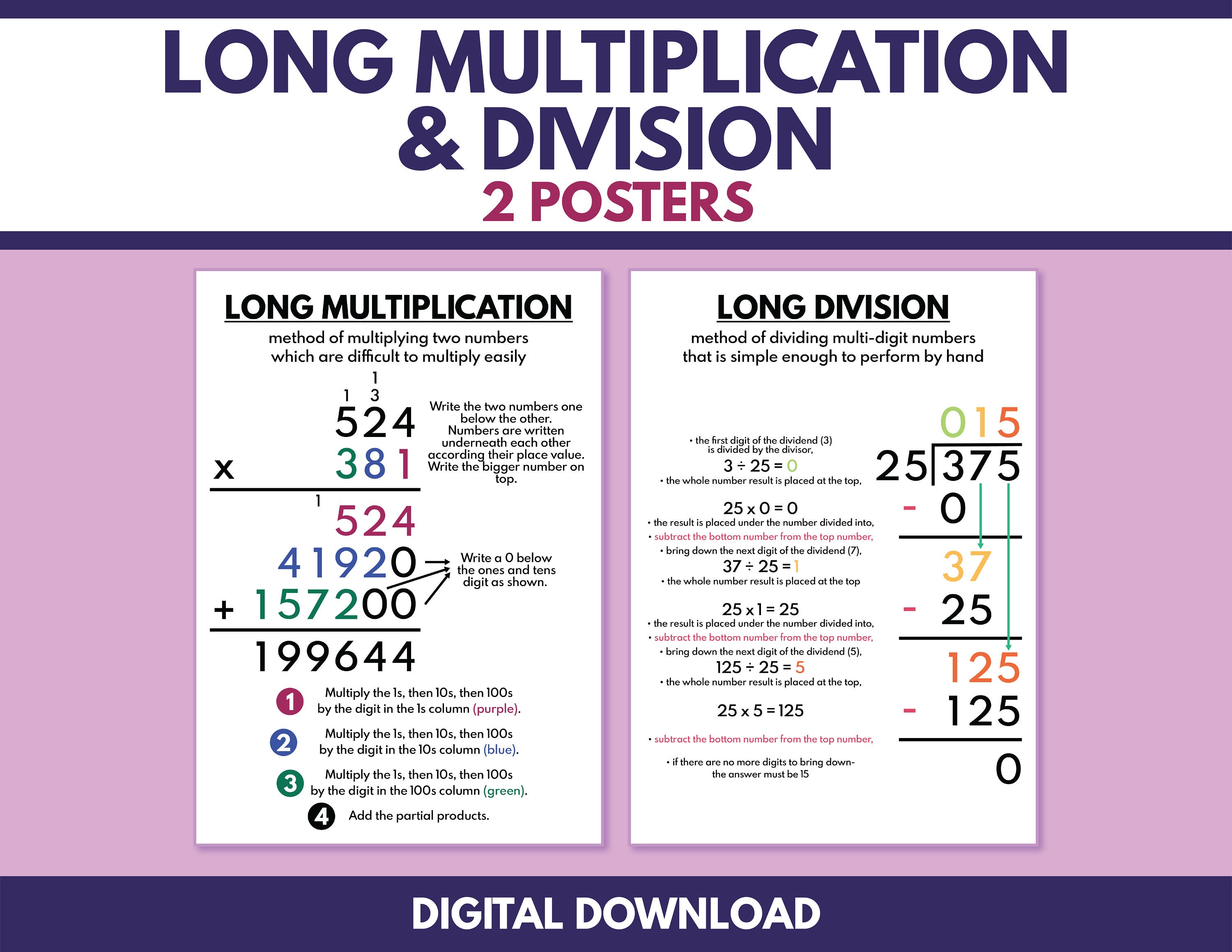 LONG MULTIPLICATION and DIVISION Set of 2 Posters, Teacher Resources ...