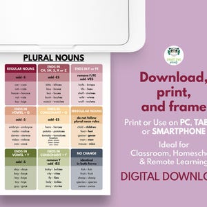 PLURAL NOUNS POSTER, Grammar Rules Chart for Homeschool, Classroom Wall ...