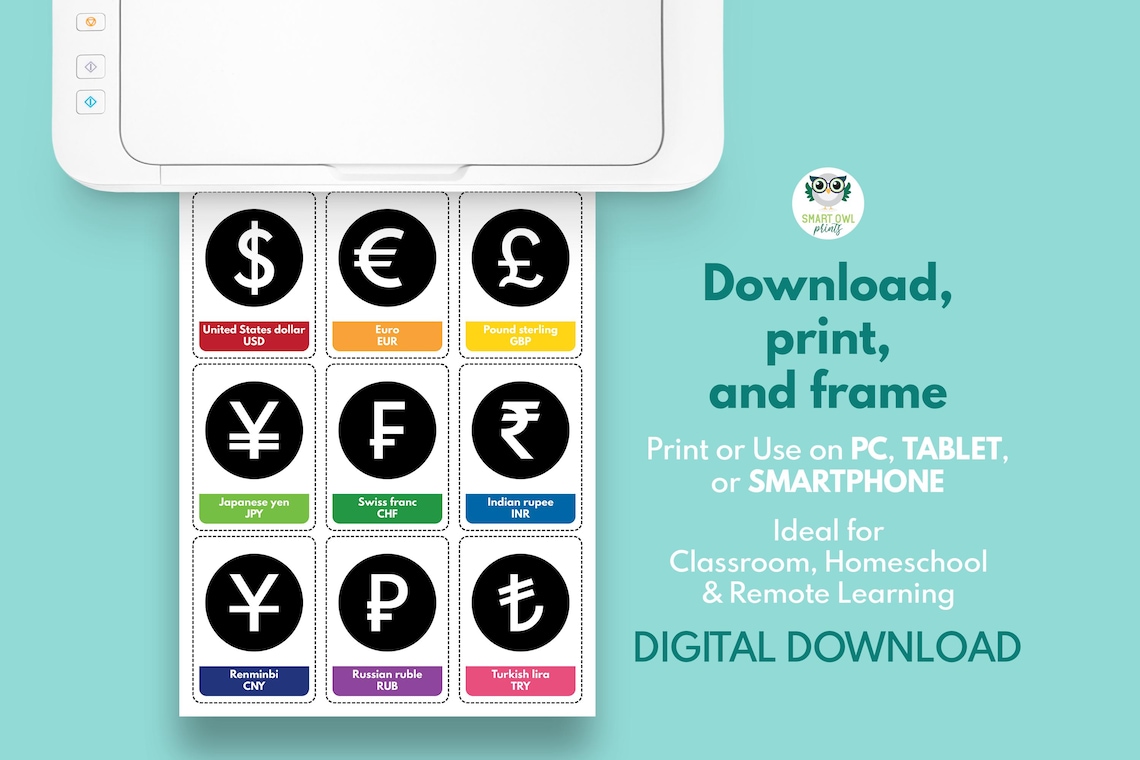 Two-sided CURRENCY SYMBOLS FLASHCARDS for Kids, Currency Symbols, Learn ...
