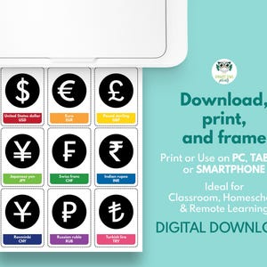 Two-sided CURRENCY SYMBOLS FLASHCARDS for Kids, Currency Symbols, Learn ...