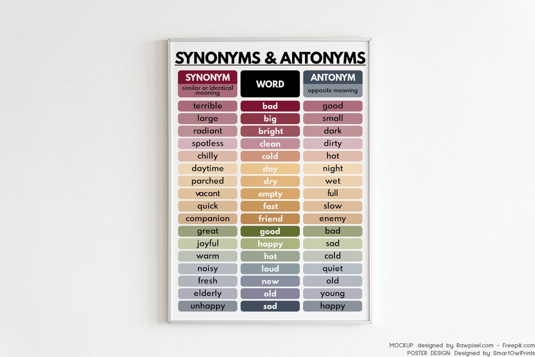 SYNONYMS & ANTONYMS POSTER Vocabulary Chart Homeschool - Etsy