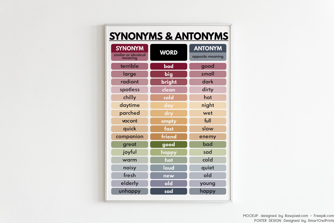 SYNONYMS & ANTONYMS POSTER Vocabulary Chart Homeschool - Etsy