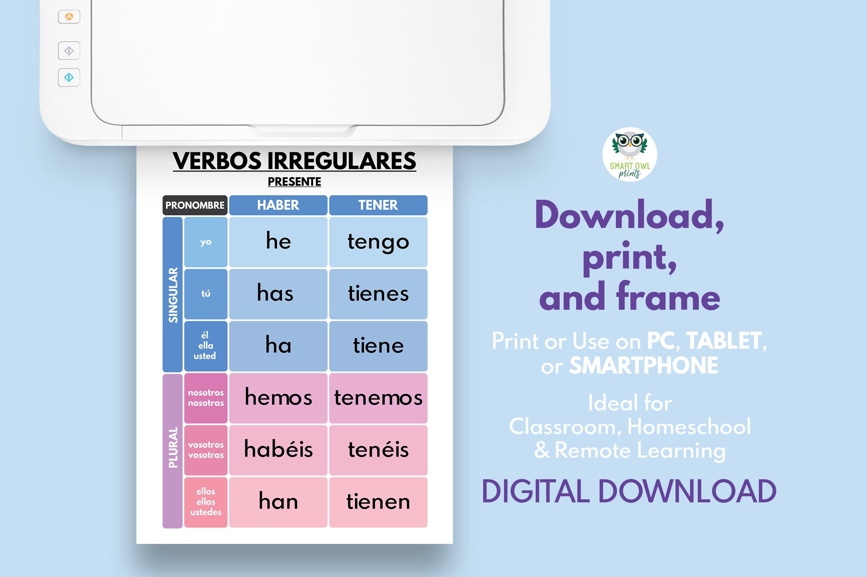 Spanish Language, IRREGULAR VERBS, Verb Conjugation, Grammar Chart ...
