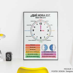 TELLING TIME Poster, Spanish Language, Educational Poster, What Time is ...