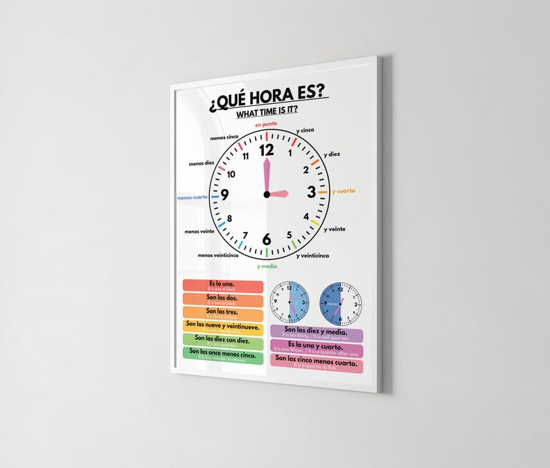 TELLING TIME Poster, Spanish Language, Educational Poster, What Time is ...