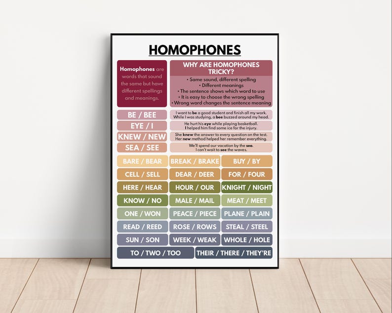 HOMOPHONES POSTER, English Language, Grammar Chart, Correct Spelling ...
