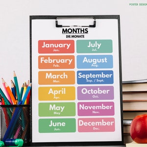 German Language, MONTHS of THE YEAR in German, 2 Posters Set, German ...