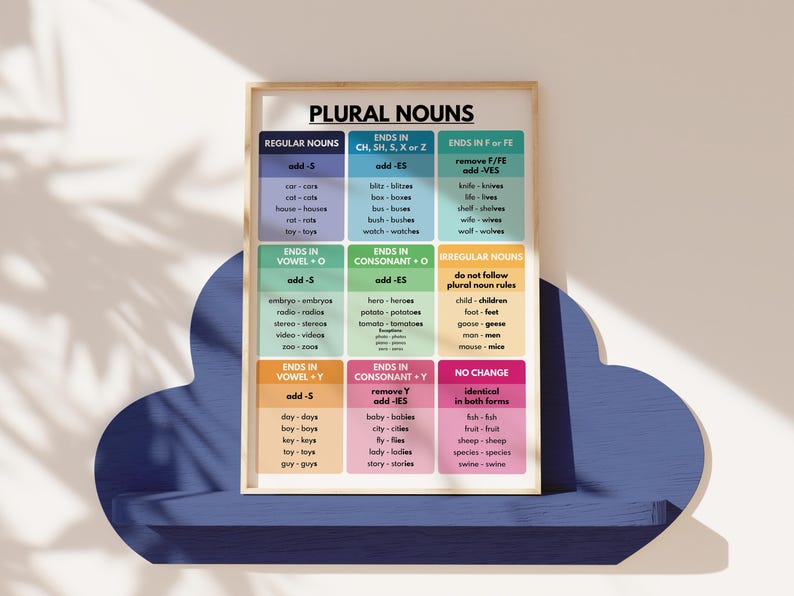 PLURAL NOUNS POSTER, Grammar Chart for Homeschool, Classroom Wall Decor ...