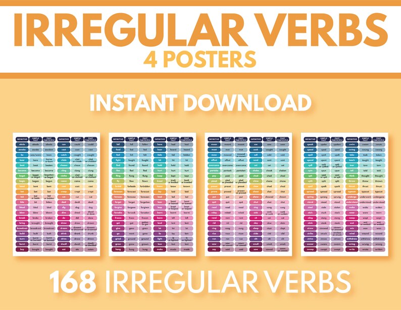 168 IRREGULAR VERBS Set of 4 Posters English Language - Etsy