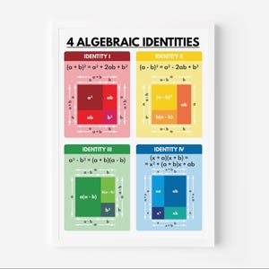 FOUR ALGEBRAIC IDENTITIES, Educational Posters, Math Classroom Wall Art ...