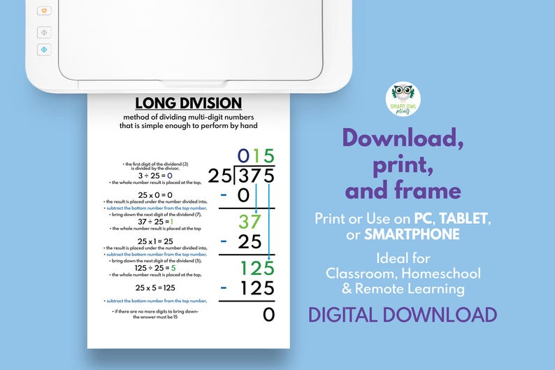LONG DIVISION Poster, Print, Educational Poster for Kids, Math, Rainbow ...