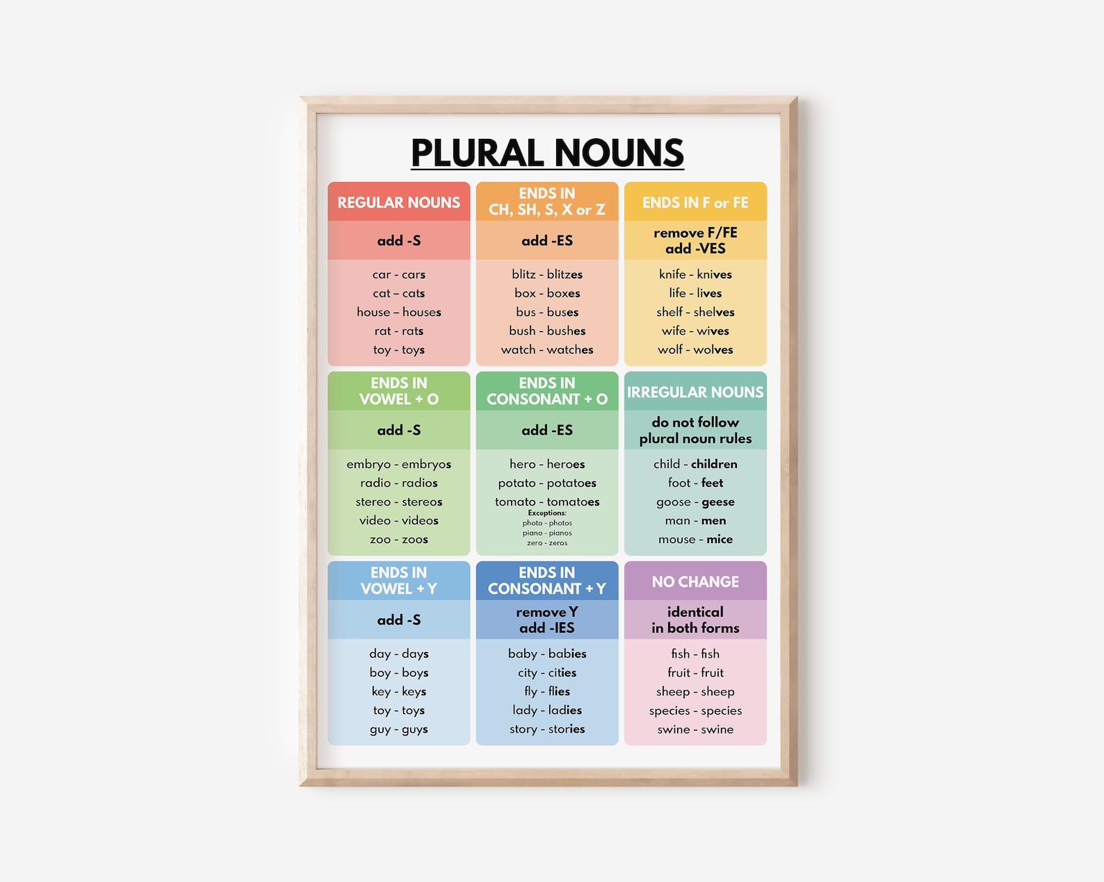 PLURAL NOUNS POSTER, Grammar Chart for Homeschool, Classroom Wall Decor ...