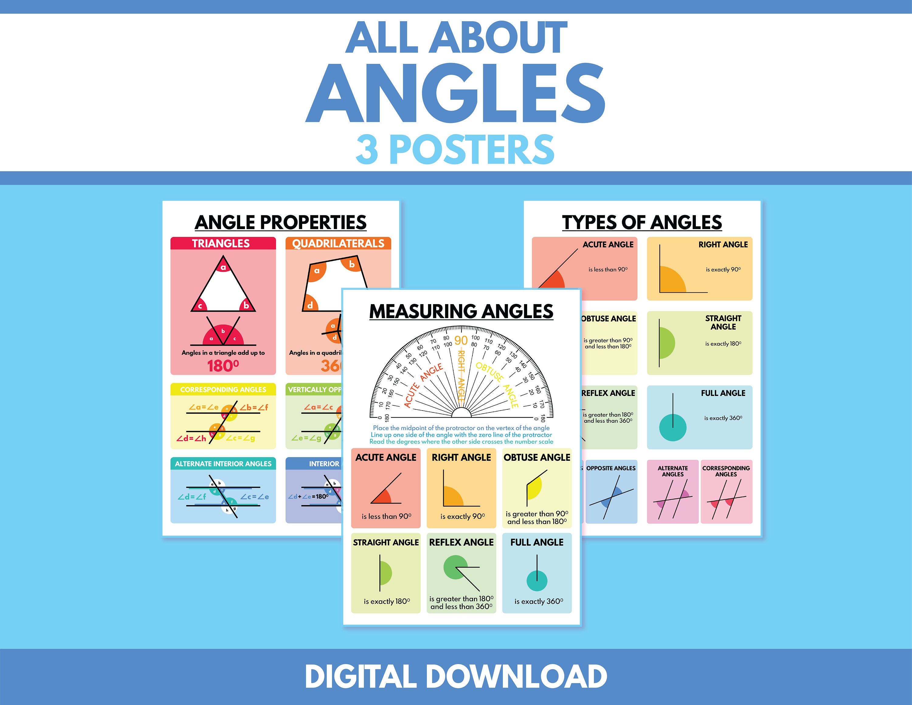 ANGLES POSTERS SET, Types of Angles, Measuring Angles, Properties ...