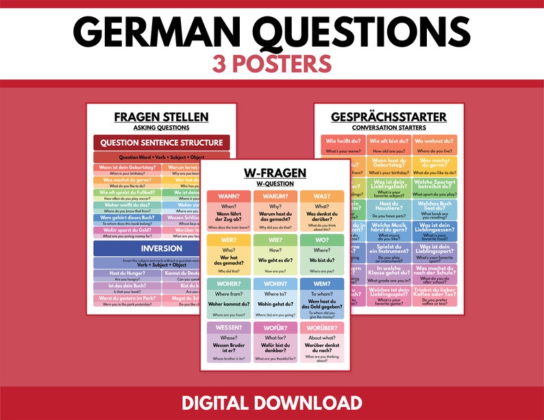 German Language, ASKING QUESTIONS Set of 3 Posters, Grammar Chart ...