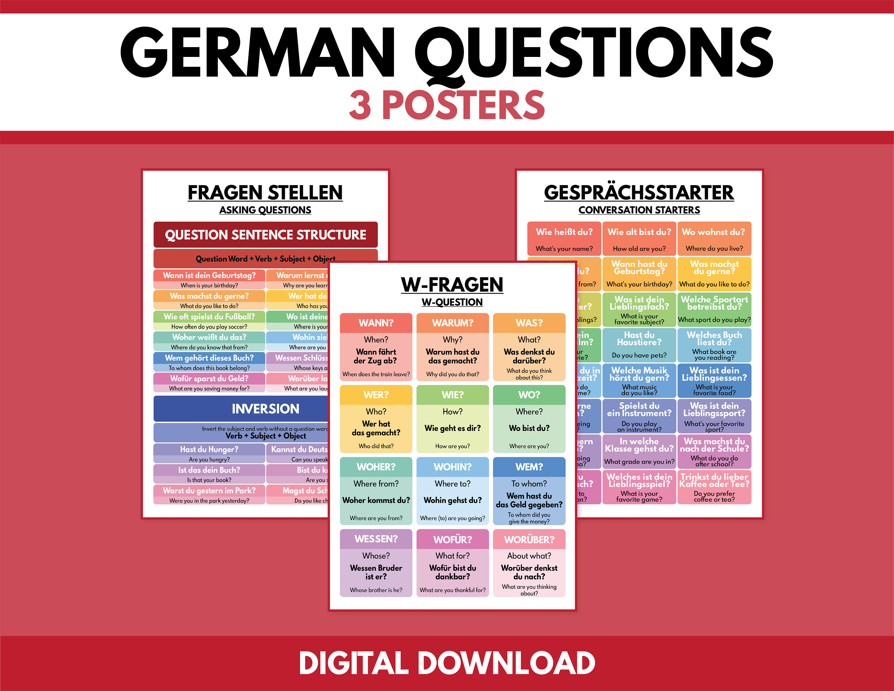 German Language, ASKING QUESTIONS Set of 3 Posters, Grammar Chart ...
