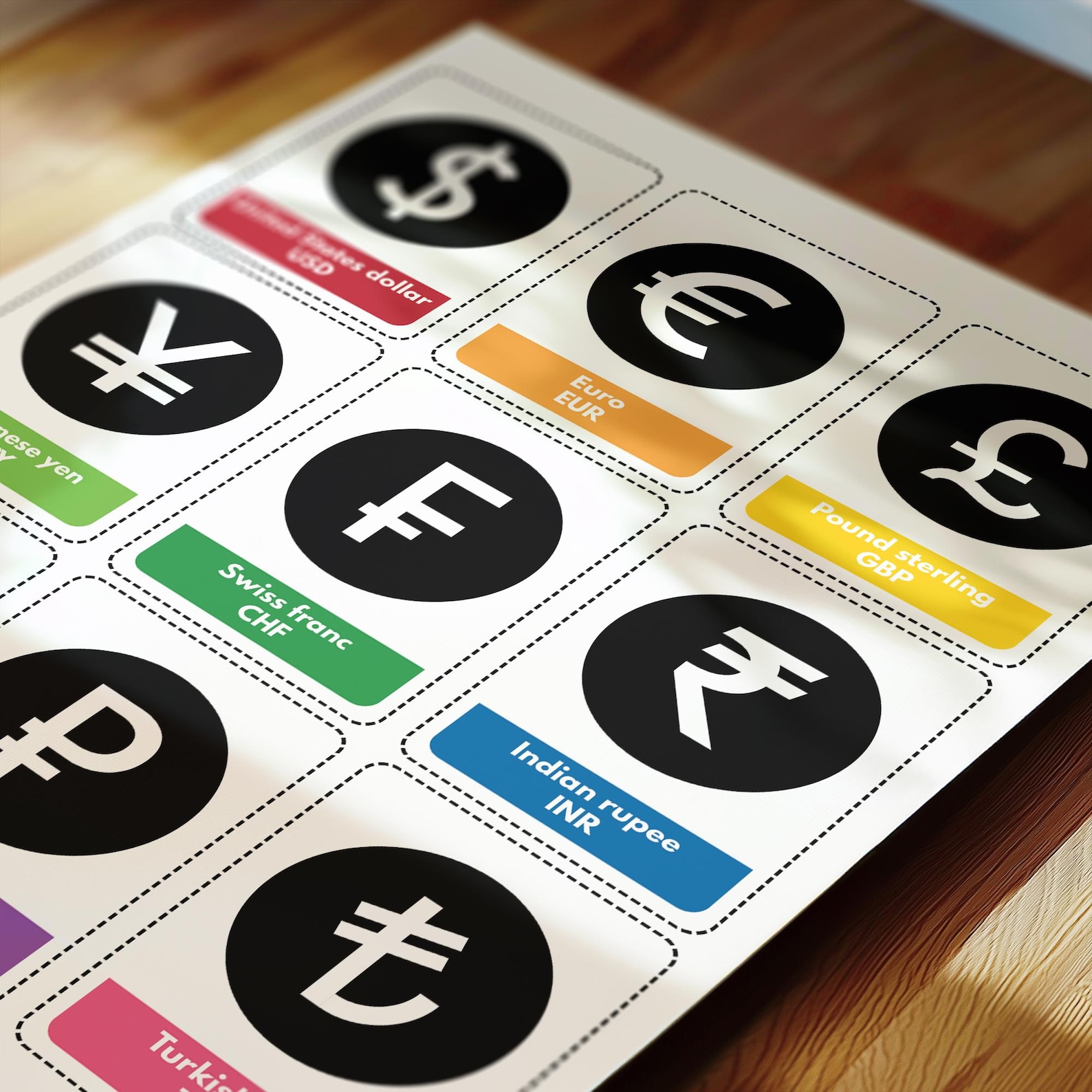 Two-sided CURRENCY SYMBOLS FLASHCARDS for Kids, Currency Symbols, Learn ...