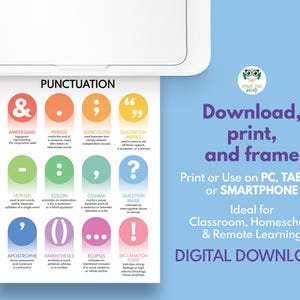 PUNCTUATION POSTER, Grammar Chart for Homeschool, Classroom Poster ...