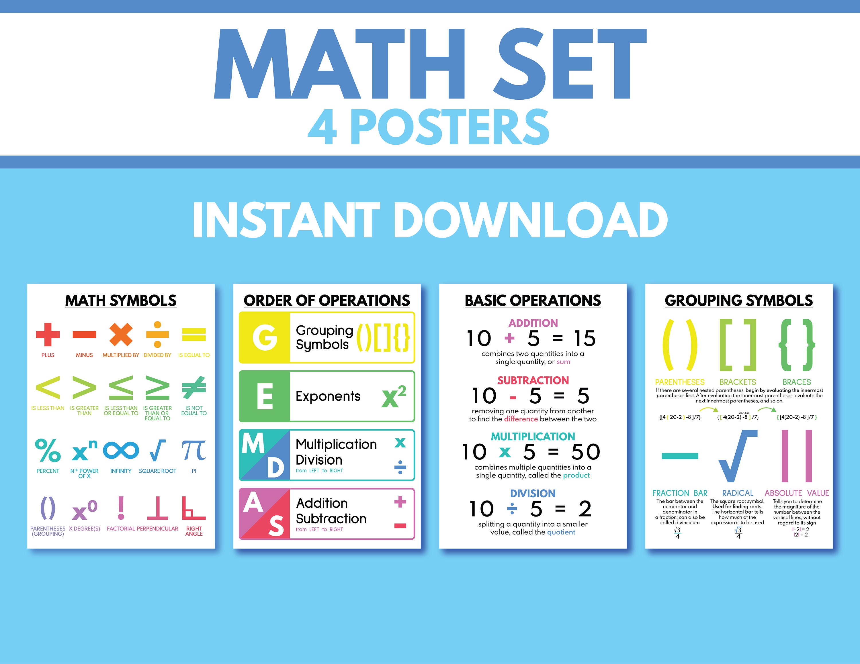 MATH BUNDLE Set of 4 Posters Math Symbols GEMDAS Basic - Etsy UK