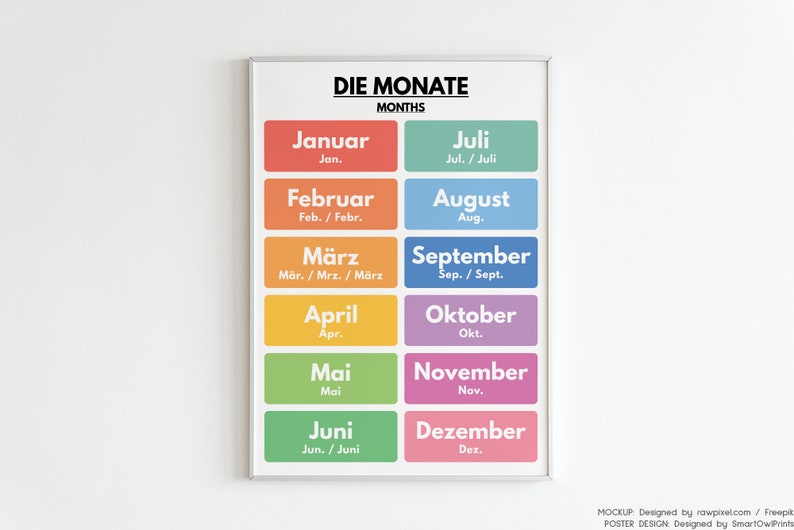 German Language, MONTHS of THE YEAR in German, 2 Posters Set, German ...