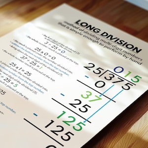 LONG DIVISION Poster, Print, Educational Poster for Kids, Math, Rainbow ...
