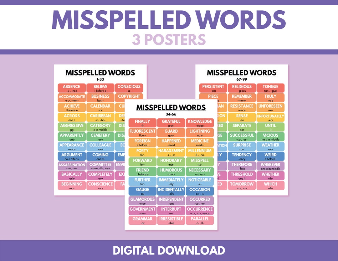99 MOST MISSPELLED WORDS - Set of 3 Posters, Learn English, Homeschool ...